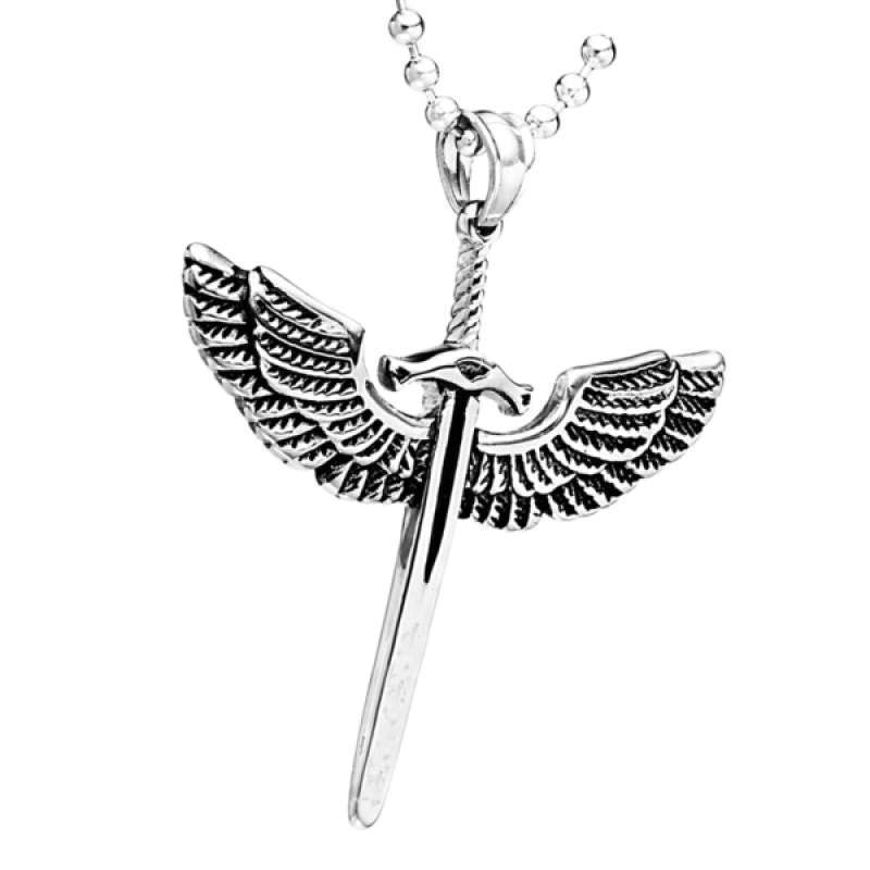 Jual Men's Cool Stainless Steel Cross Angel Wings Sword Pendant Chain ...
