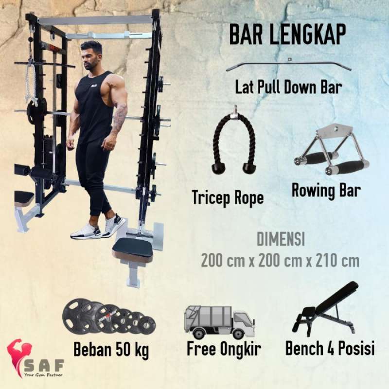 Jual Smith Machine Reps Var Lat Pull Down + Rowing + Bench + Beban 50 ...