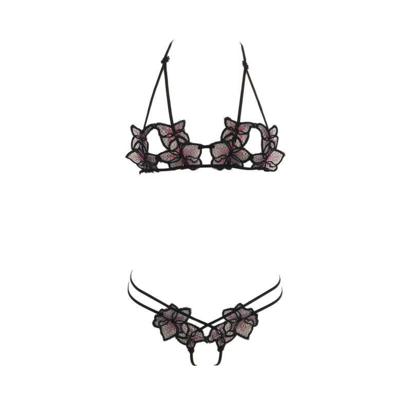 Jual Sexy Lingerie B133 Bra Set Bralette Halterneck Open Cup Seksi Hitam Celana Dalam