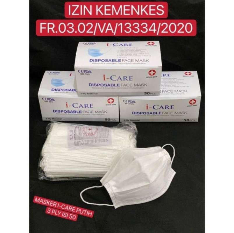 Promo Masker 3 Ply earloop warna putih isi 50 Pcs - icare Diskon 7% di ...