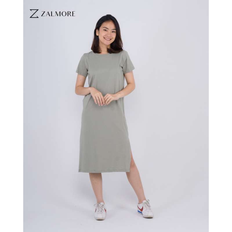 Jual Zalmore Basic Midi Dress with Slit Premium Cotton - Sage Green M ...