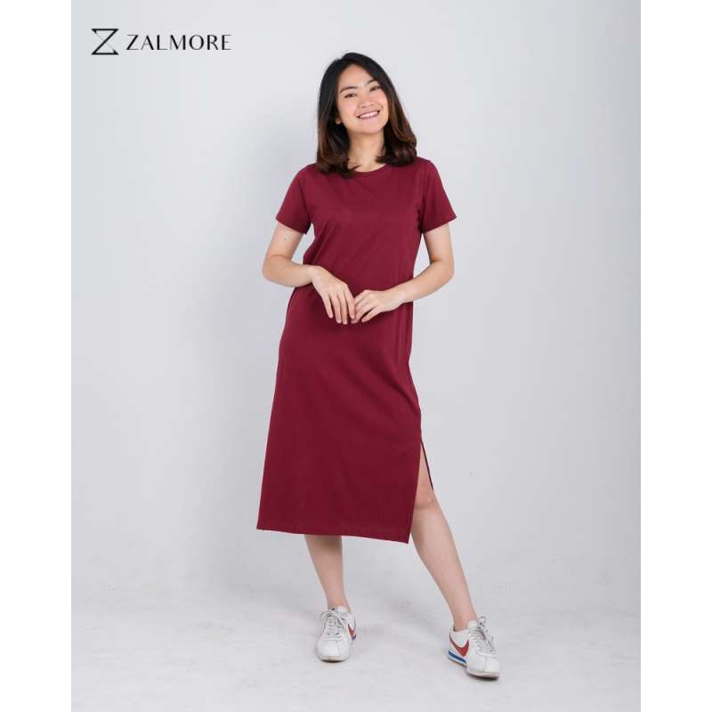 Jual Zalmore Basic Midi Dress With Slit Premium Cotton - Maroon Xl Di ...
