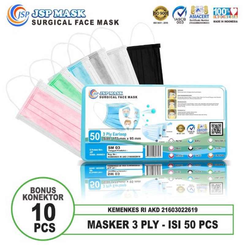 Jual Masker 3 Ply Isi 50 Pcs/surgical Face Mask/free 10 Konektor/free ...