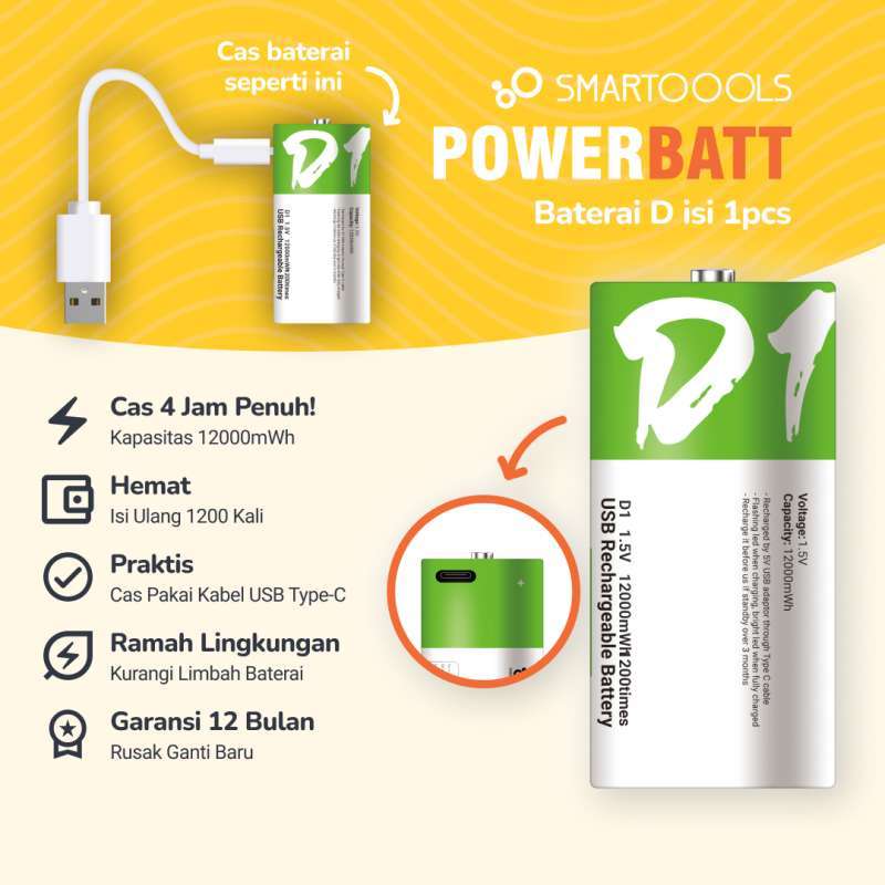 Promo Baterai Cas Isi Ulang Smartoools PowerBatt Ukuran D 1.5V USB Type ...
