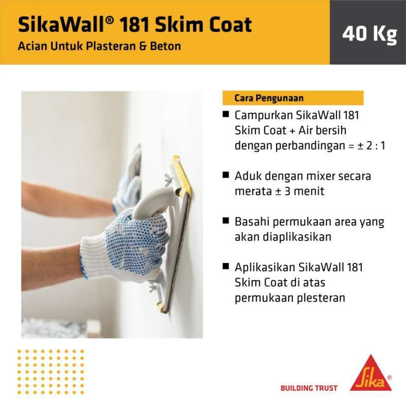 Jual Sikawall 181 Skim Coat Mortar Instan Acian Plesteran Tembok 40kg ...