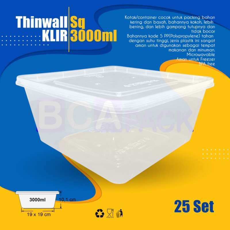 Jual Thinwall Klir 3000 Ml Square Anti Pecah Kotak Makan Isi 25 Pcs