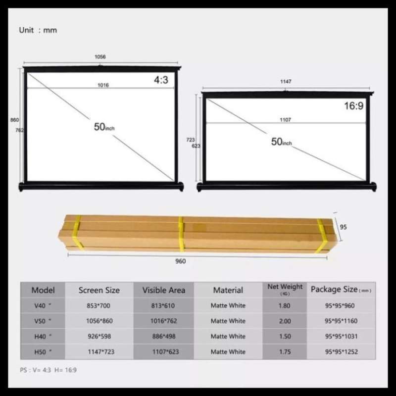 Jual Layar Proyektor Lipat 50 Inch | Table Screen Projector 50 Portable ...