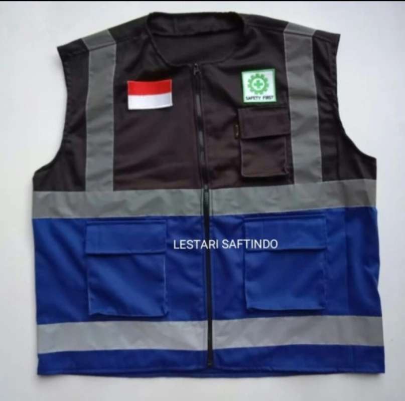 Promo rompi safety bahan drill kombinasi biru free logo bendera dan k3 ...