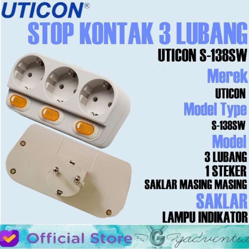 Jual UTICON S-138SW STOP KONTAK COLOKAN LISTRIK 3 LUBANG STEKER ARDE ...