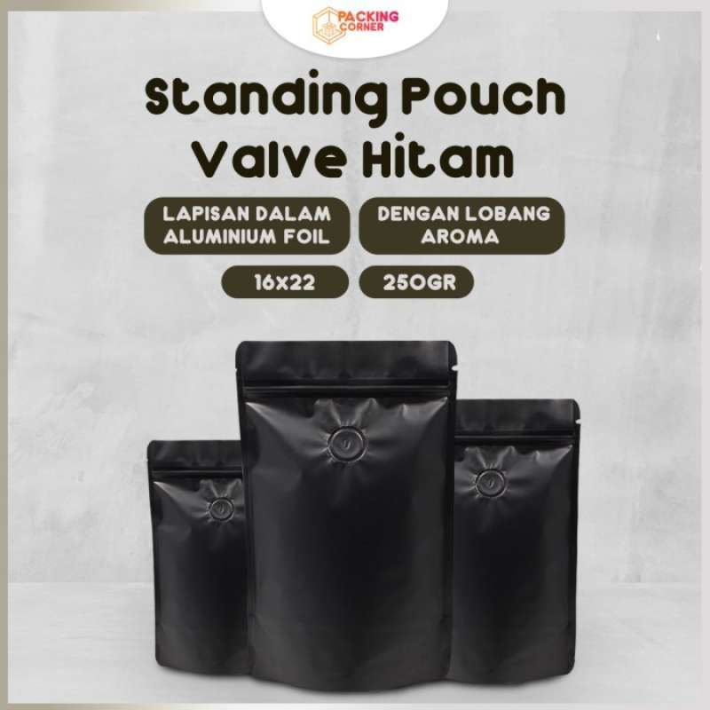 Jual Standing Pouch Valve Hitam 16 X 22 250Gr Plastik Klip Zipper ...