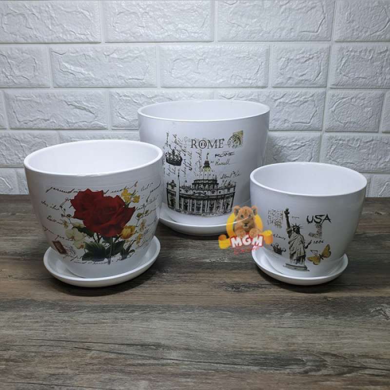Jual MOTIF Vas Bunga keramik Pot Bunga dgn ALAS piring SET 3 ukuran di ...