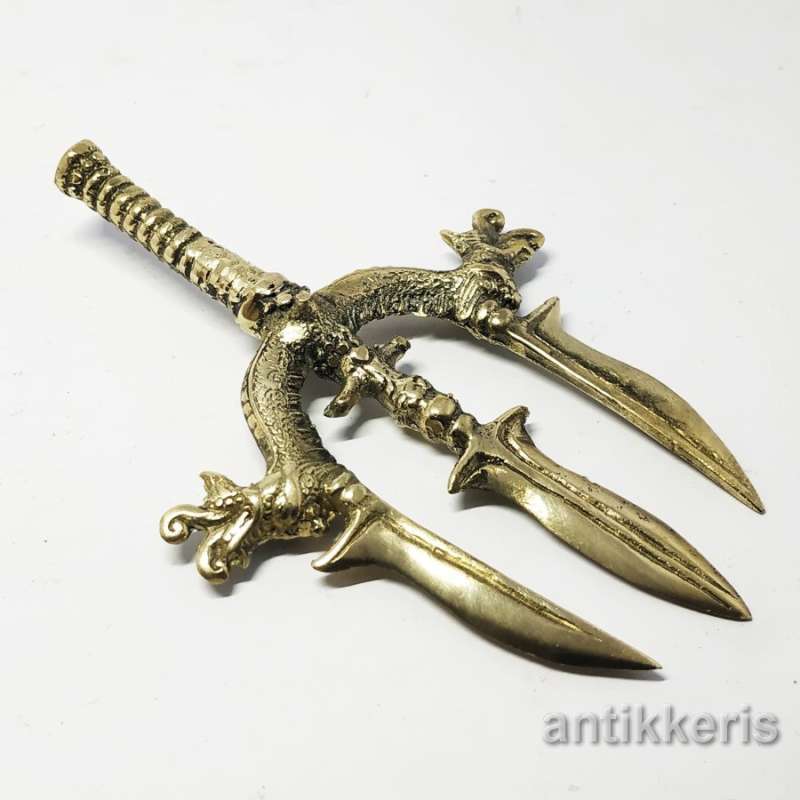 Jual Tombak Pusaka Pataka Trisula Naga Kembar Bahan Full Kuningan Antik ...