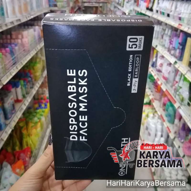 Jual MASKER ONE HEALTH DISPOSABLE FACE MASK 3-PLY EARLOOP BLACK EDITION ...