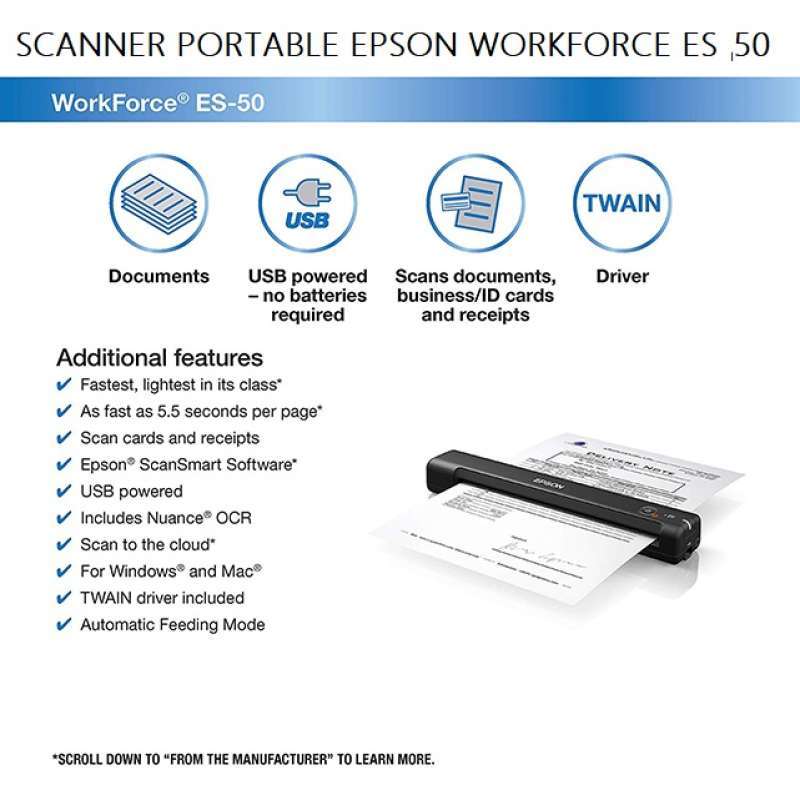 Jual Epson WorkForce ES-50 Portable Sheetfed Document Scanner di Seller Super Laris IT ...