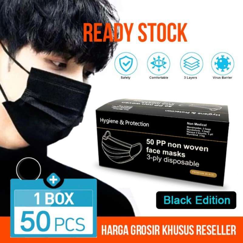 Jual MEDIOCARE Masker Hitam Disposable Face Mask 3 Ply Earloop isi 50 ...