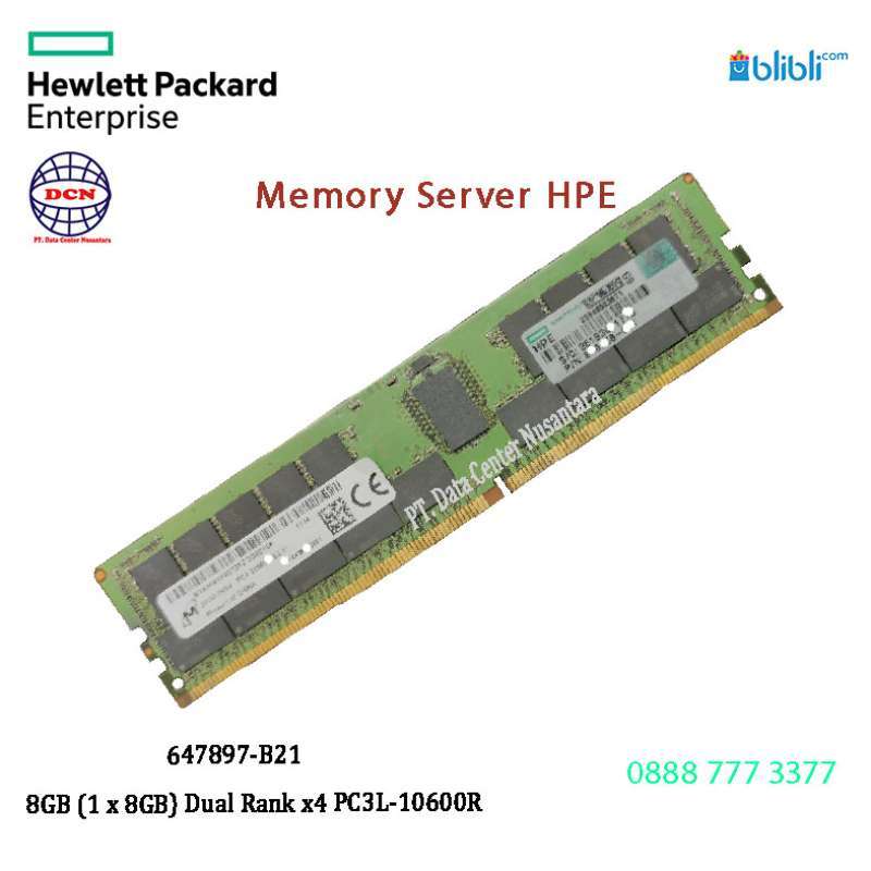 Jual 647897-B21 RAM HPE HP 8GB (1 x 8GB) Dual Rank x4 PC3L-10600R di Seller PT. Data Center ...
