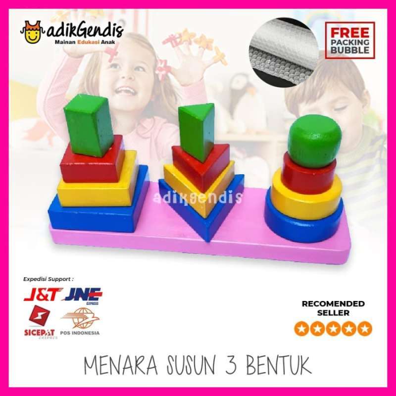 Jual Menara Susun Kayu 3 Bentuk - Mainan Edukasi Edukatif Balok Puzzle ...
