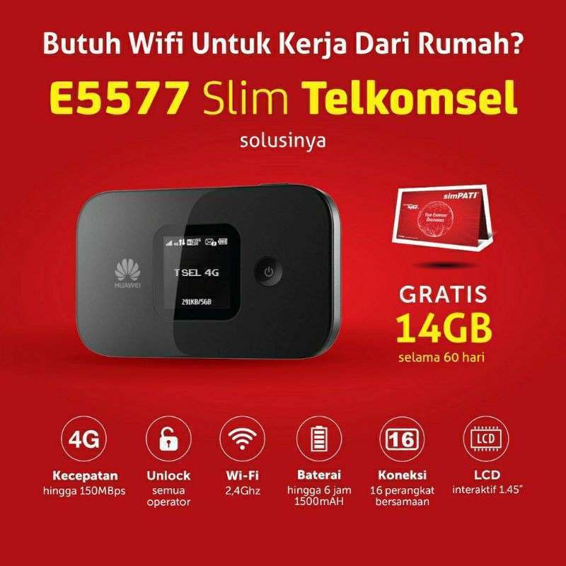 Jual Huawei Modem Mifi E5577 slim + telkomsel 14gb unlock all operator ...