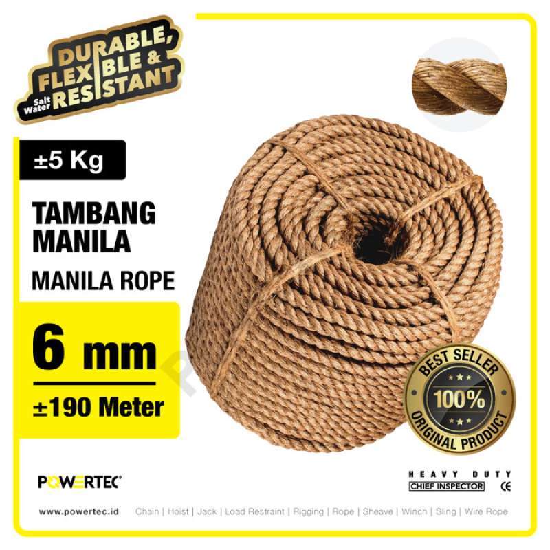 Jual Tali Tambang Manila Rope 6mm x 190m x 5kg Tampar Dadung POWERTEC ...