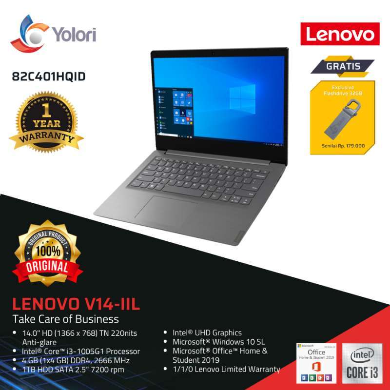 Promo Lenovo V14-IIL i3-1005G1 4GB 1TB Intel UHD Windows 10 + OHS 2019 (82C401HQID) Diskon 36% ...
