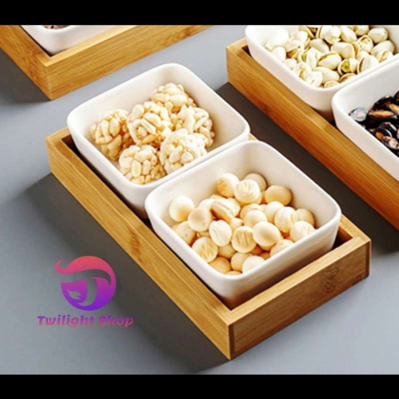 Jual ORIGINAL Tempat Set Snack Bumbu Saos Condiments Keramik Kayu ...