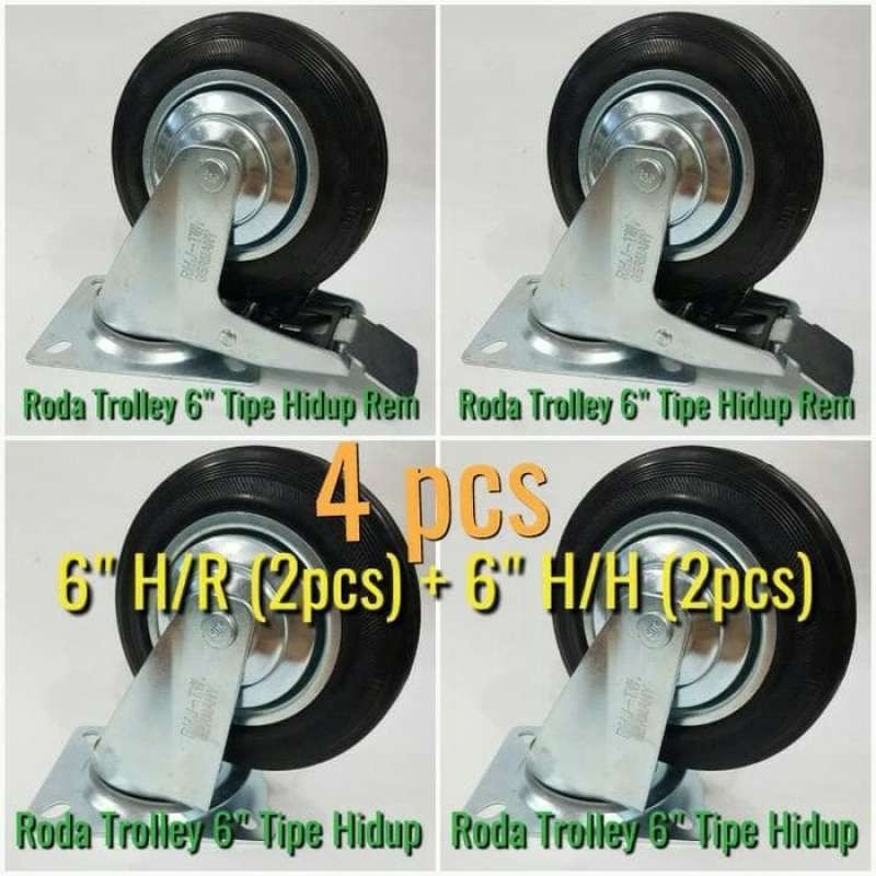 Jual Roda Troli 6 Inch RHJ (1set: 2 Hrem+2 Hidup) karet etalase troly ...