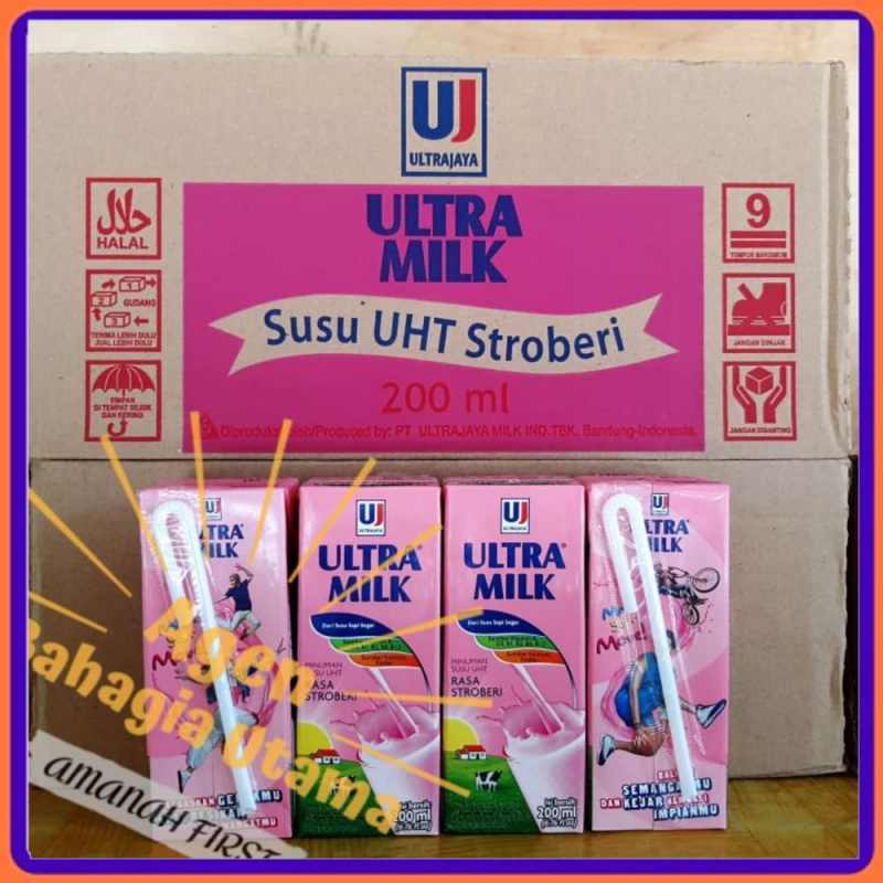 Promo Susu Kotak Ultra Milk Rasa Stroberi 200ml Box 1box 24pcs Diskon