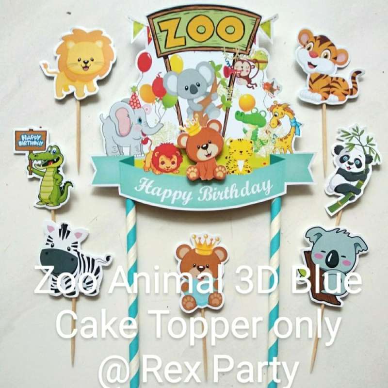 Jual Zoo Animal Cake Topper/Topper Kue 3D Animal Blue/Birthday Topper ...