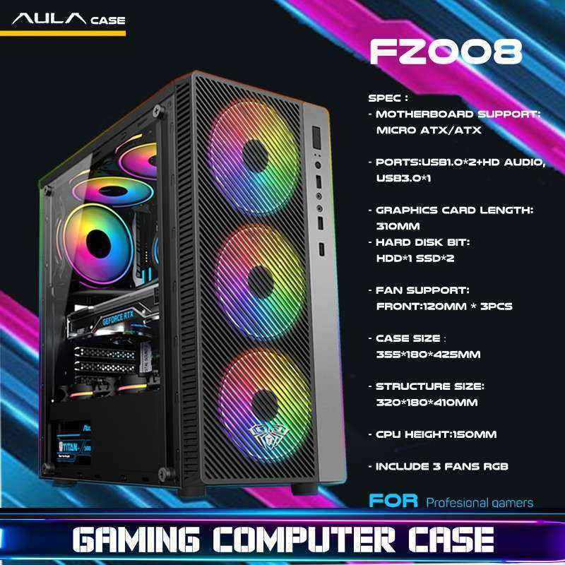 Jual Casing PC Gaming / Komputer Gaming AULA FZ008 include 3 fans RGB ...