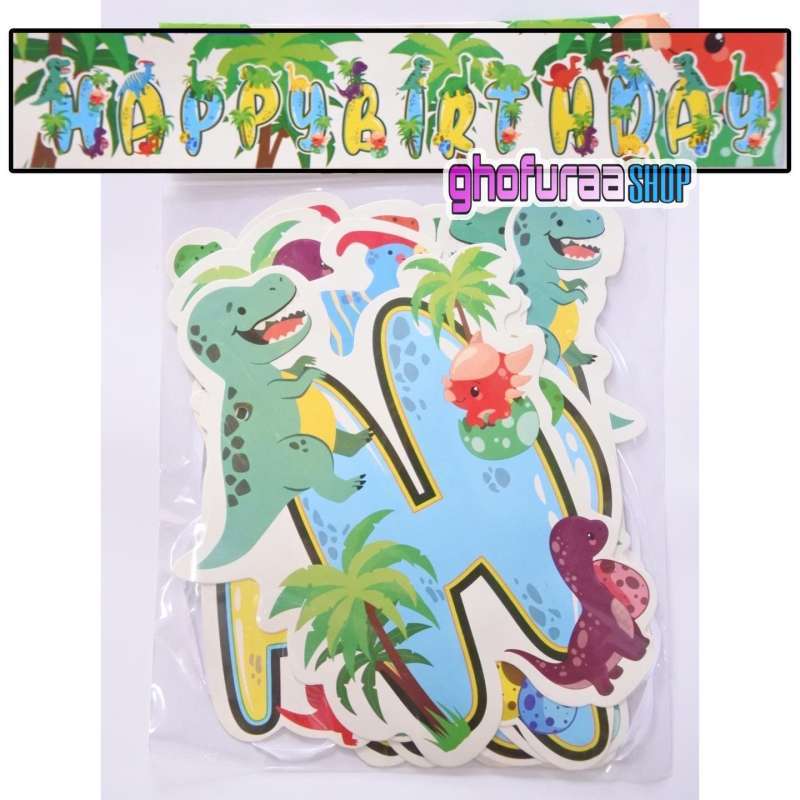 Jual Banner Dino Bunting Flag tulisan Happy birthday Dinosaurus Ulang ...
