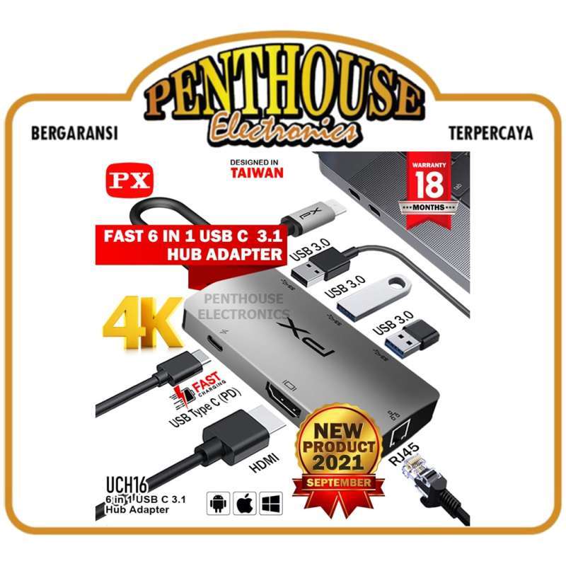 Jual PX UCH16 USB Hub Type C Converter Laptop Macbook to HDMI LAN RJ45 6in1 di Seller Penthouse ...