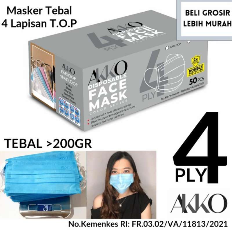 Promo MASKER AKKO TEBAL 4PLY EARLOOP SKY BLUE 4 LAPISAN ORIGINAL ...