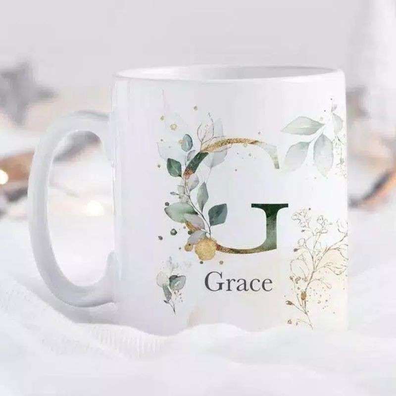 Promo Cetak Mug Keramik Custom Inisial Nama Huruf Green Leaf Vintage ...