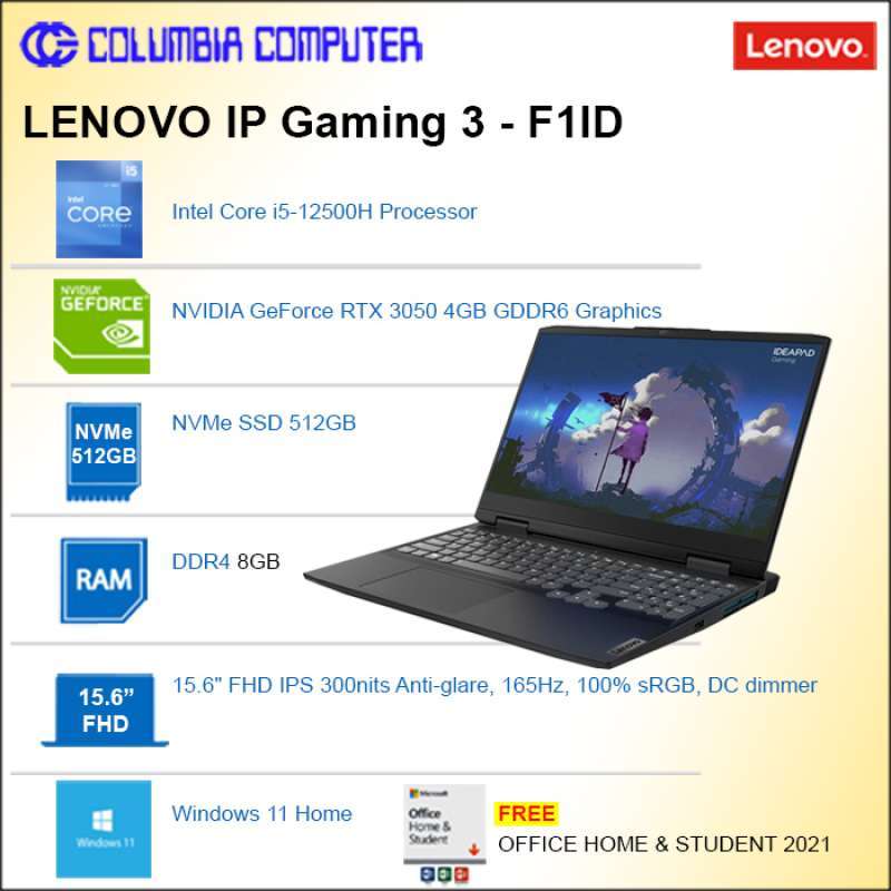 Jual LENOVO IP Gaming 3 - F1ID i5-12500H 8GB 512GB RTX-3050 15.6FHD W11 ...