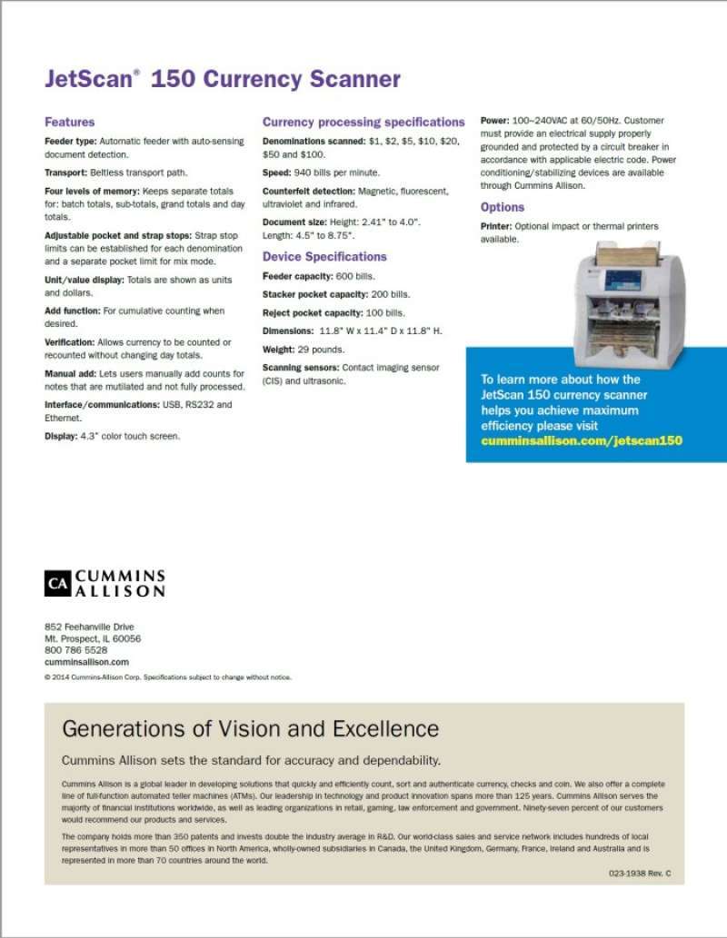 Jual Mesin Hitung & Deteksi & Sortir Uang Cummins Allison Jetscan 150 ...