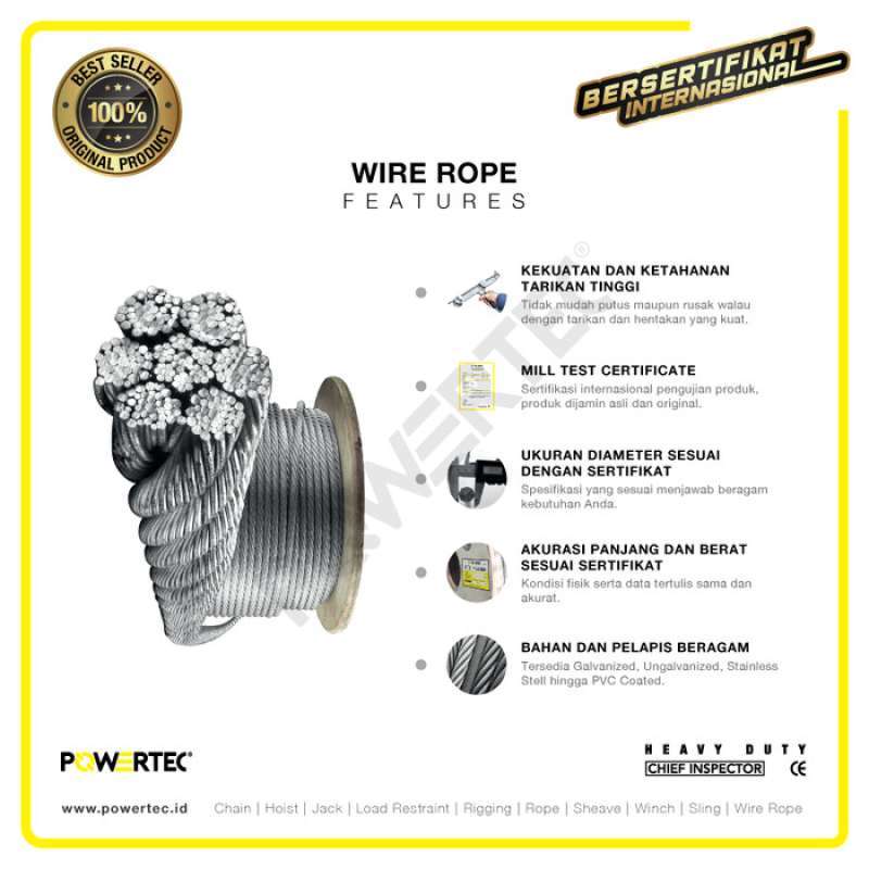 Jual Wire Rope - Kawat Seling Baja 6x36 Iwrc 28mm Ungalv Powertec - 1 Meter Di Seller Powertec ...