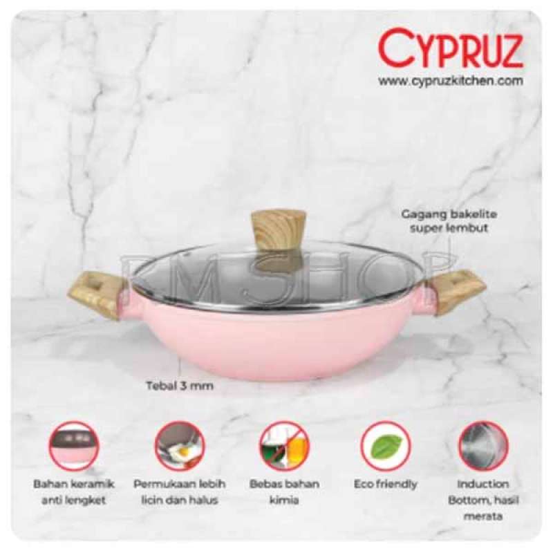 Jual Cypruz Kuali Pink 26 cm Marble Induksi Wok Pan Tutup Kaca Wokpan Ceramic Wajan Anti Lengket ...