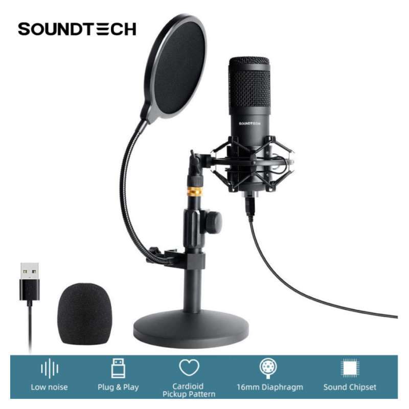 Jual SOUNDTECH USB Microphone Condenser Stand Table Recording Streaming ...