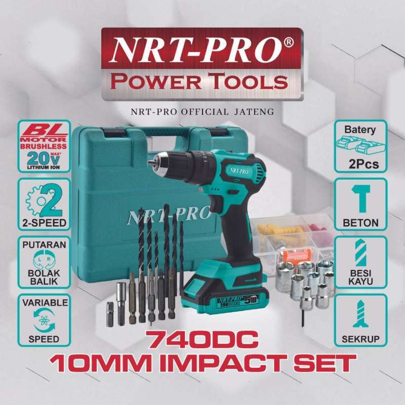 Jual Bor Battery / Bor Cordless 10mm Impact Drill Brushless 740 DC NRT ...