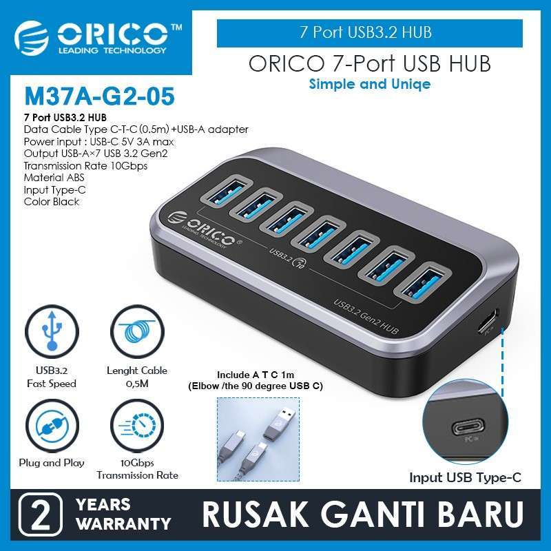 Jual ORICO M37A-G2-05 7 Port USB3.2 Hub Type C to C USB A 10Gbps 0,5m di Seller iBos Store ...