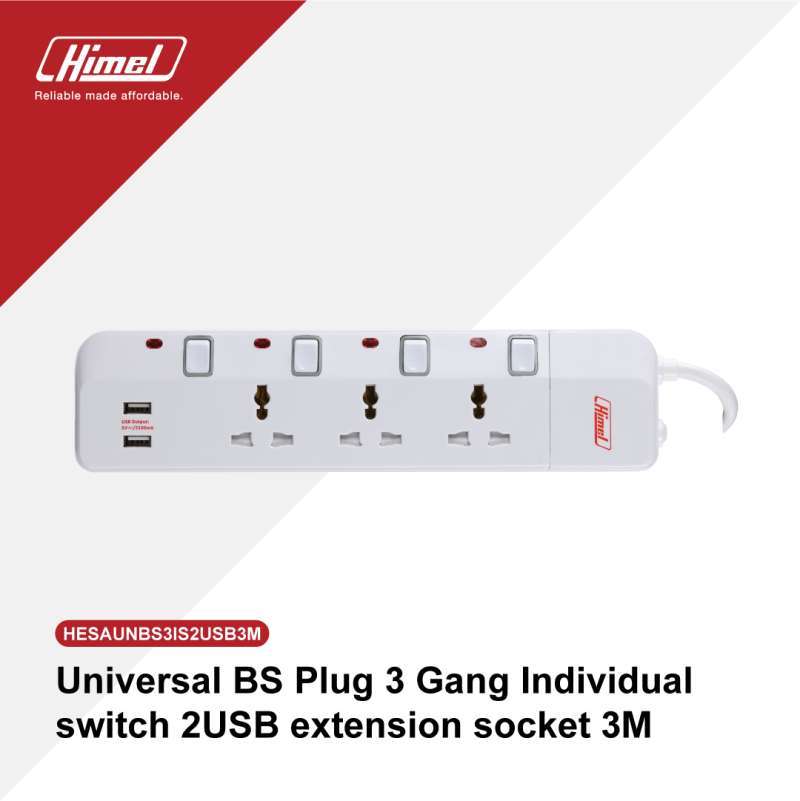 Jual Himel Universal Extension Socket BS Plug 3 Gang with 2 USB Kabel 3 ...