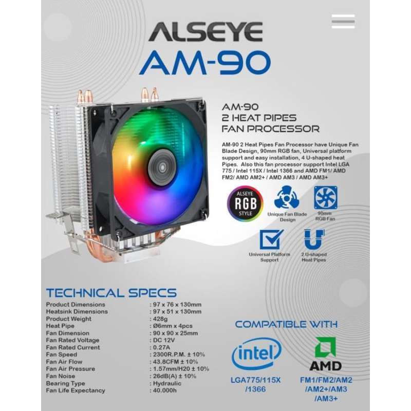 Jual Alseye AM90 2 pipe / Alseye AM-90 2 pipe CPU Cooler RGB di Seller ...