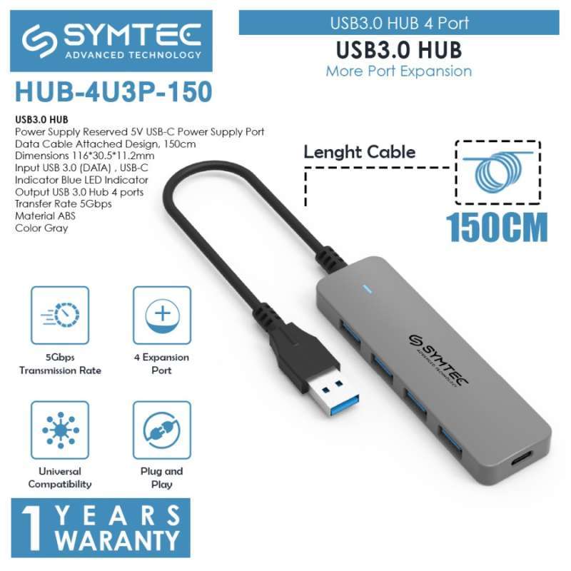 Jual SYMTEC HUB-4U3P-150 USB 3.0 Hub 4 ports with Type-c Power Port 150 ...