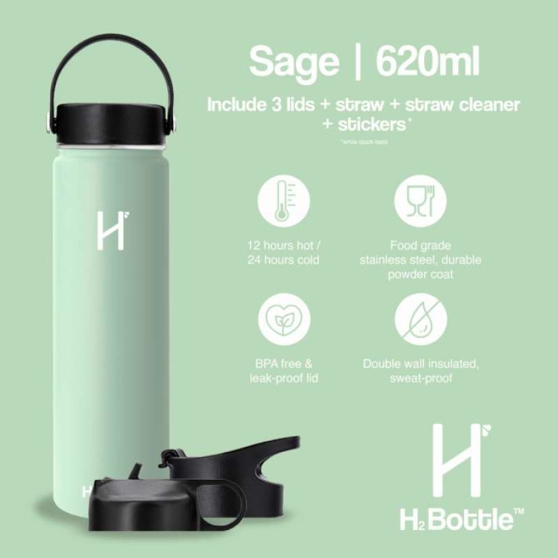 Jual H2 Bottle Vacuum Insulated Water Bottle 620 ml - Sage di Seller ...