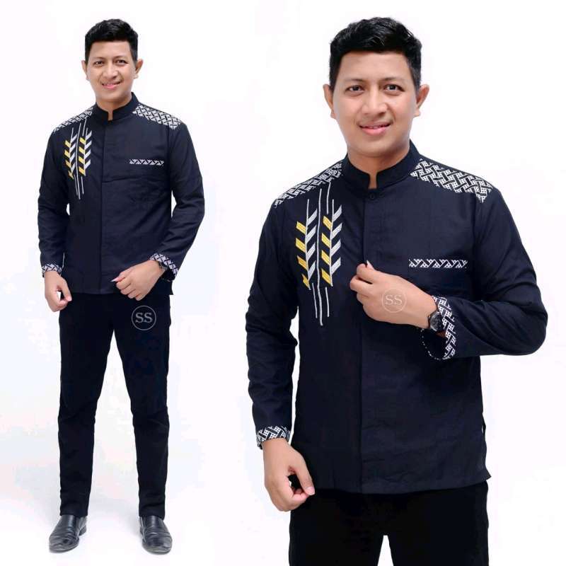 Baju Batik Pria Lengan Panjang Kombinasi Kain Polos Desain Kemeja