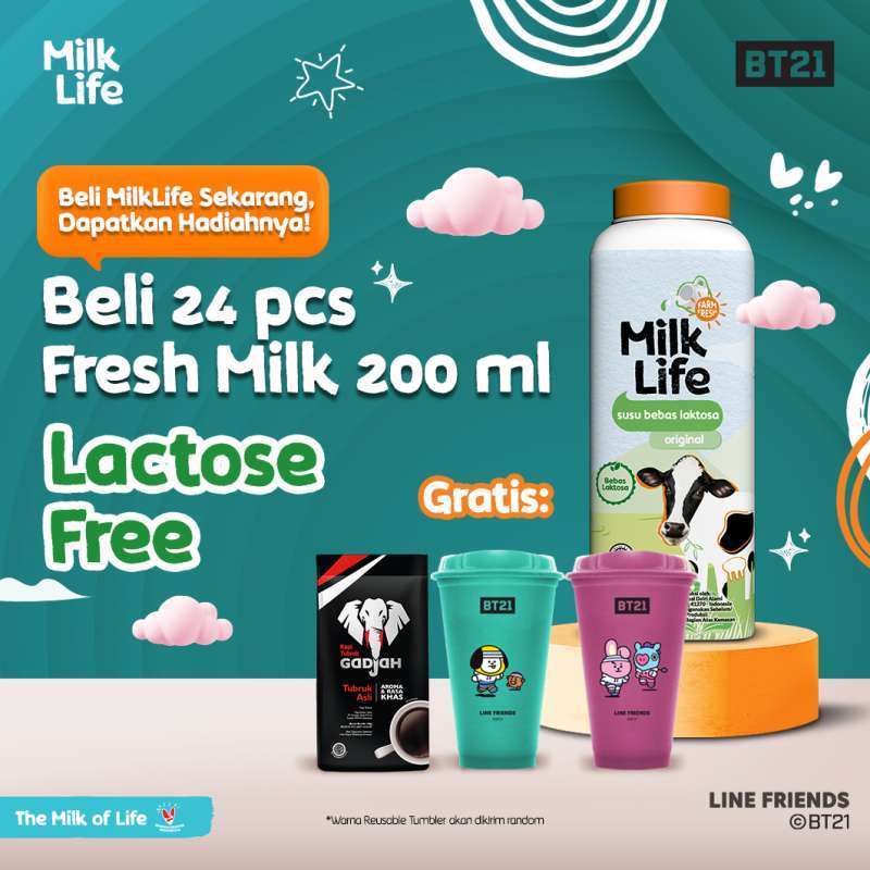 Jual MilkLife Fresh Milk Lactose Free [200 mL/24 pcs] + Free 2pcs Reusable Tumbler BT21 dan Kopi ...