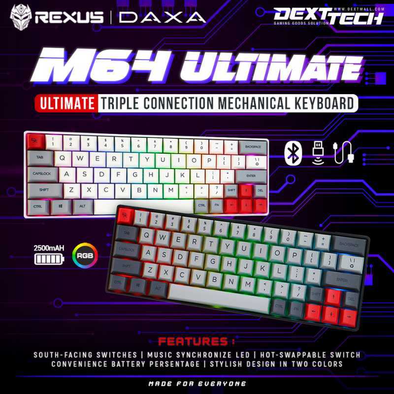 Jual Rexus Daxa M64 Ultimate 60% RGB Hotswap Mechanical Gaming Keyboard - GTRN PRO RED White di ...