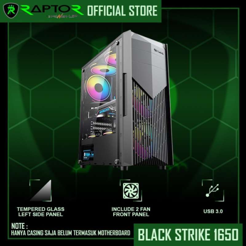 Jual Casing Gaming RAPTOR Black Strike 1650 - Tempered Glass - Free 2 ...