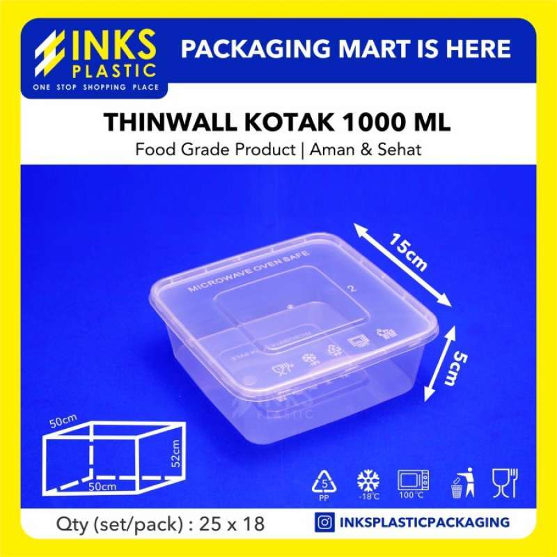 Promo Thinwall 1000Ml Kotak Square / Food Container Plastik 1000 Ml ...