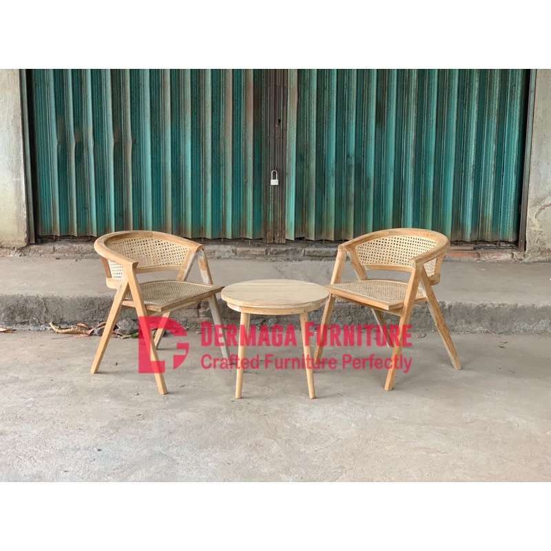Jual Set teras kursi C lengkung dudukan rotan meja bulat retro kayu ...